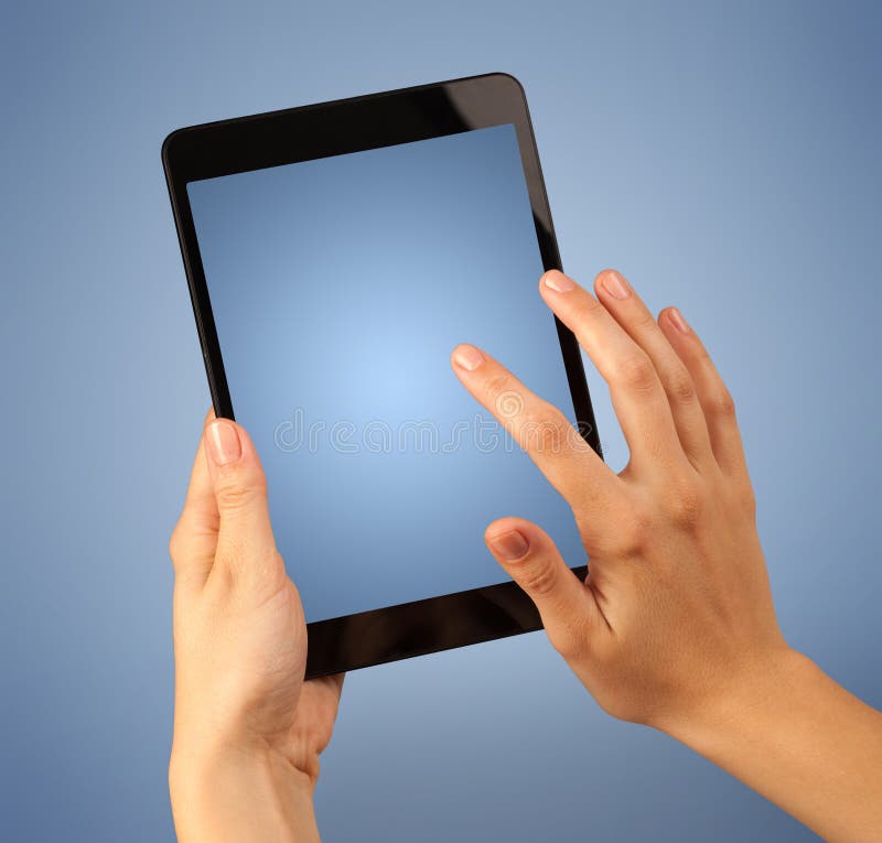 Female hand holding tablet stock image. Image of fingers - 97202965