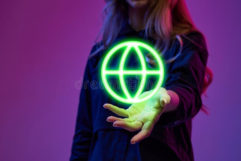 Female Hand Holding Virtual, Holographic, Digital Icon on Web. Using ...