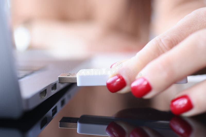 Female Hand Inserts USB Flash Drive into Laptop Connector Stock Photo ...