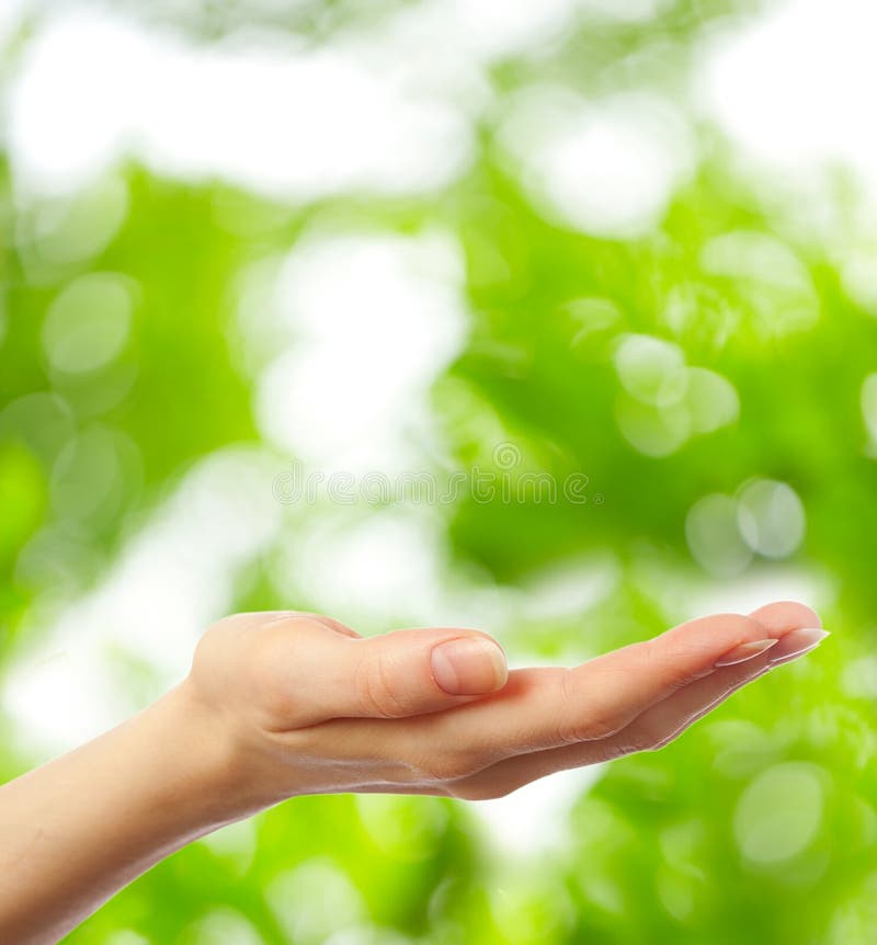 Open Hand Over Nature Background Imagination Stock Image - Image of ...