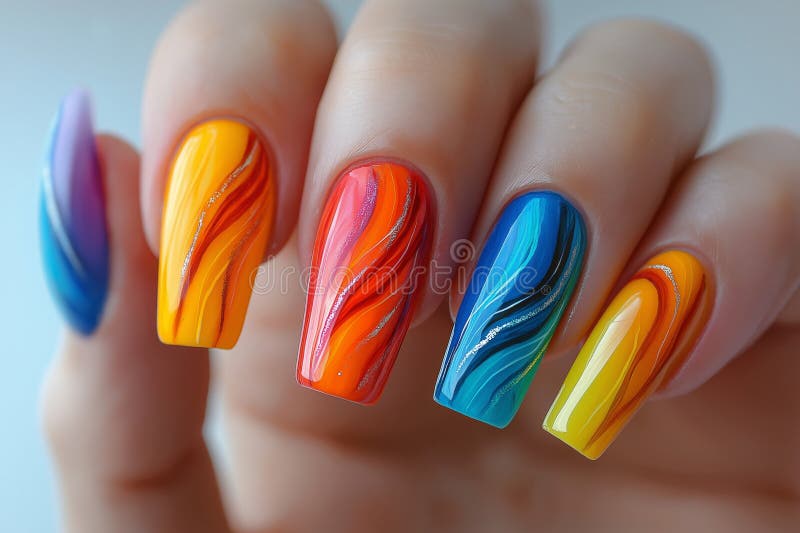 Female Hand with Long Nails and Multi-colored Manicure Stock Photo ...