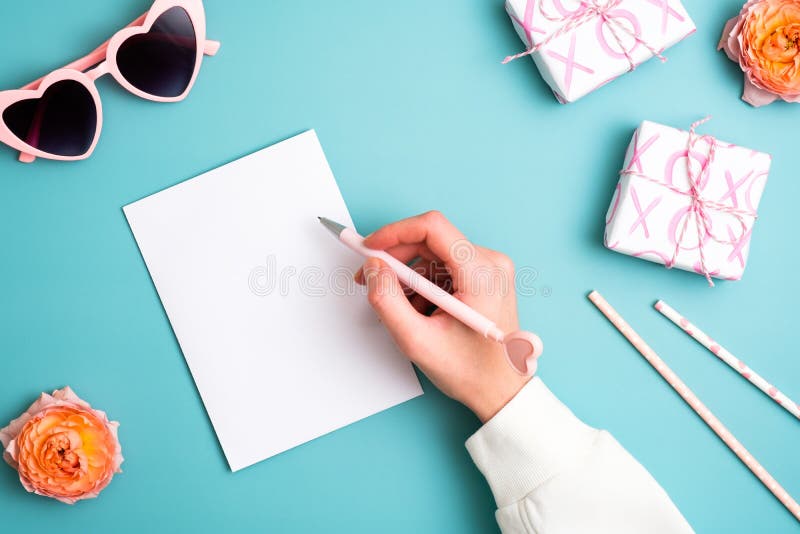 Female Hand Make Checklist for Valentine`s Day. Flat Lay, Top View ...