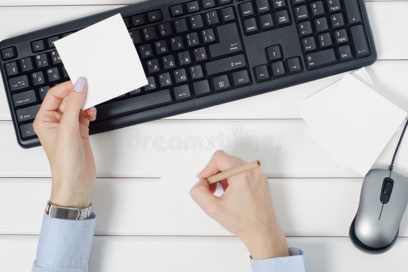 Female Hand Notes for Notes Pen Keyboard Mouse from Computer Stock ...