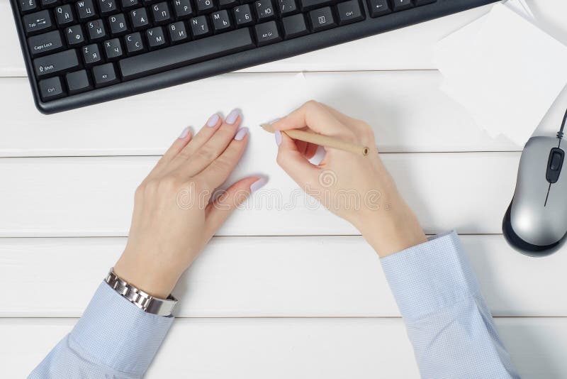Female Hand Notes for Notes Pen Keyboard Mouse from Computer Stock ...