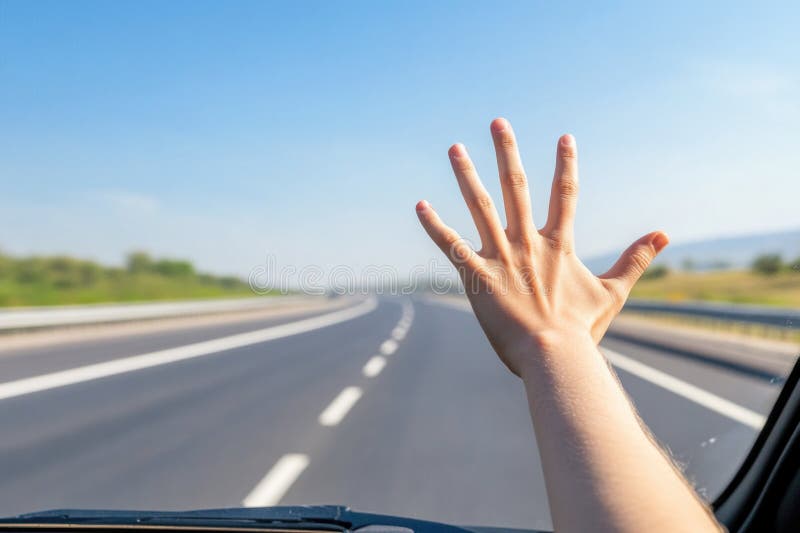 Female Hand Outstretched from Car Window on Open Highway Under Clear ...
