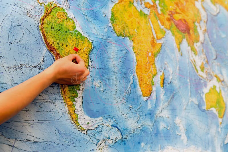 Female Hand Pinning the Big Paper Map by Red Pin Stock Photo - Image of ...