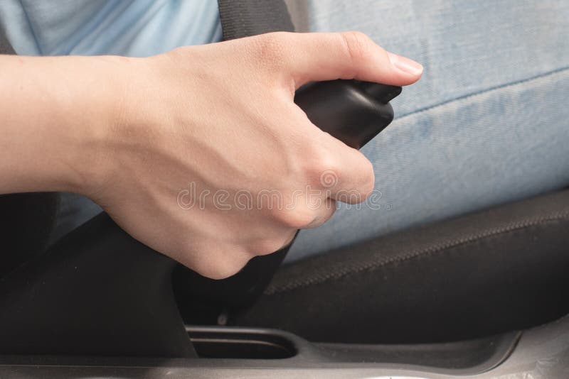 Female Hand Presses the Hand Brake Button, Emergency Stop, Parking ...