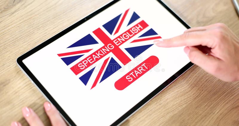 Female Hand Presses Start Button in Application for Learning Languages ...