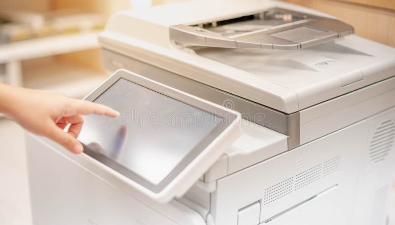 Female Hand Pressing the Touchscreen Monitor of the Copy Machine for ...