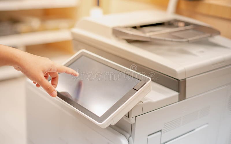 Female Hand Pressing the Touchscreen Monitor of the Copy Machine for ...