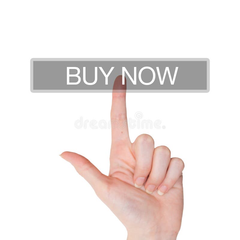 Female Hand Pushing on a Buy Now Sign Stock Image - Image of push ...