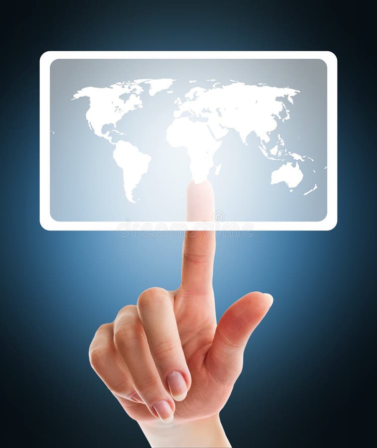 Female Hand Pushing Virtual Button with World Map Stock Image - Image ...