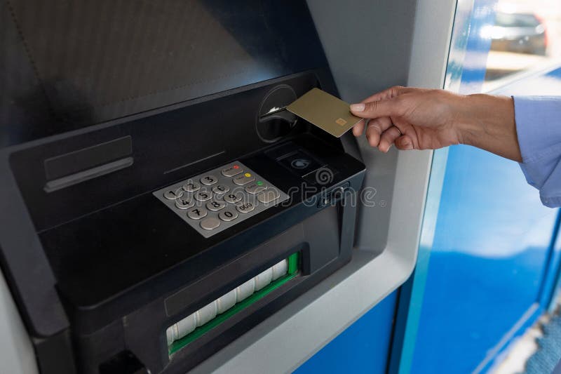 Female Hand Puts a Bank Card into an ATM Stock Image - Image of bank ...