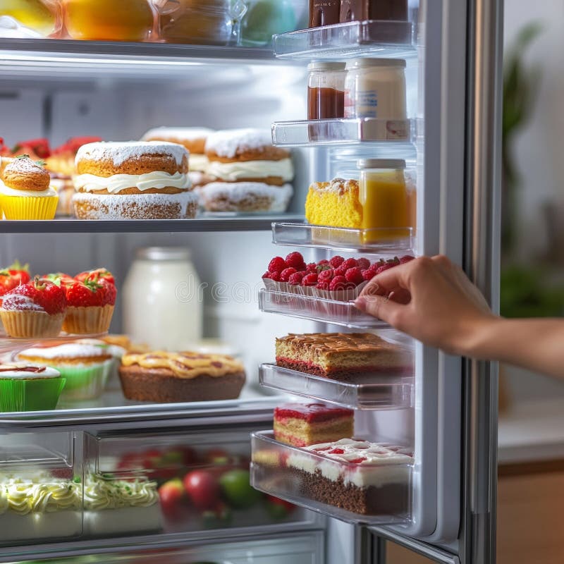 Female Hand Reaching for Desserts and Fresh Juice Inside an Open ...