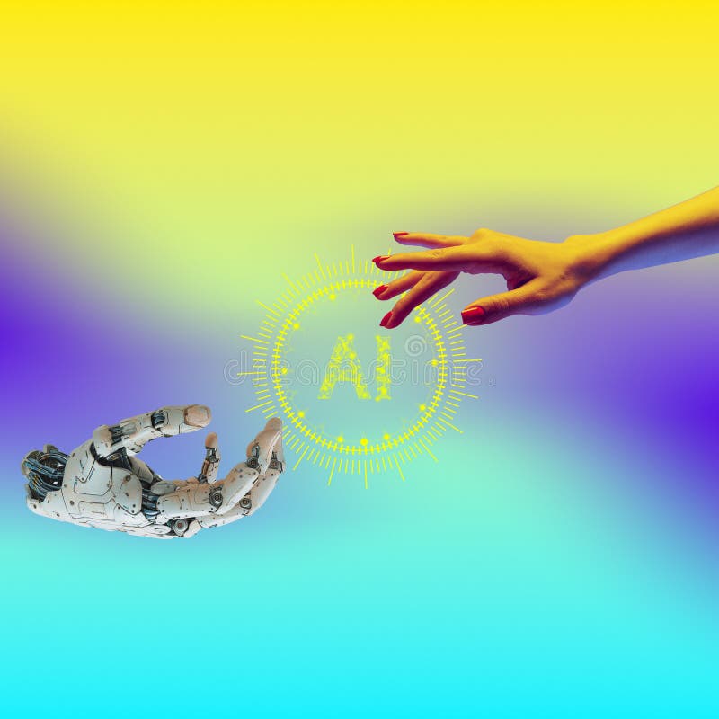 Female Hand Reaching Towards 3D Render of Robotic Hand Against Gradient ...