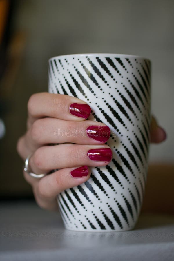 Female Hand with Red Nails Holding Big Tea Mug Stock Image - Image of ...