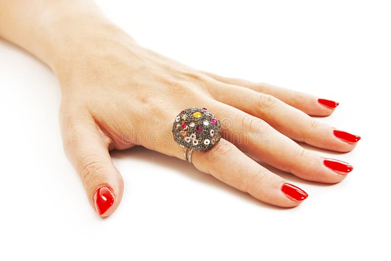 Female Hand with Red Nails with Ring Stock Image - Image of flower ...