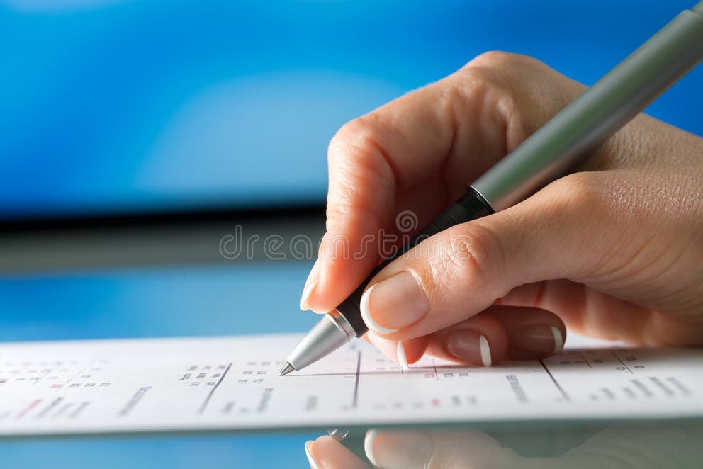 Female Hand Reviewing Document with Pen. Stock Image - Image of ...