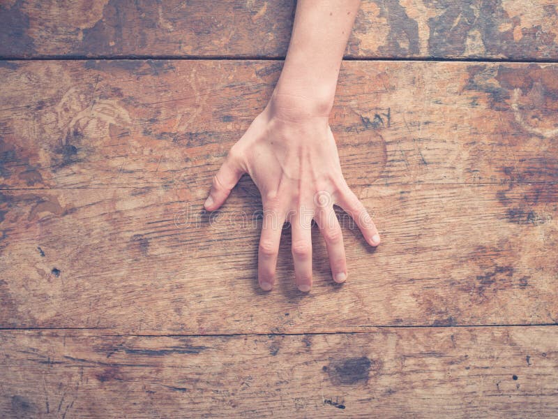 Female Hand Scratching Wooden Table Stock Photo - Image of stressed ...