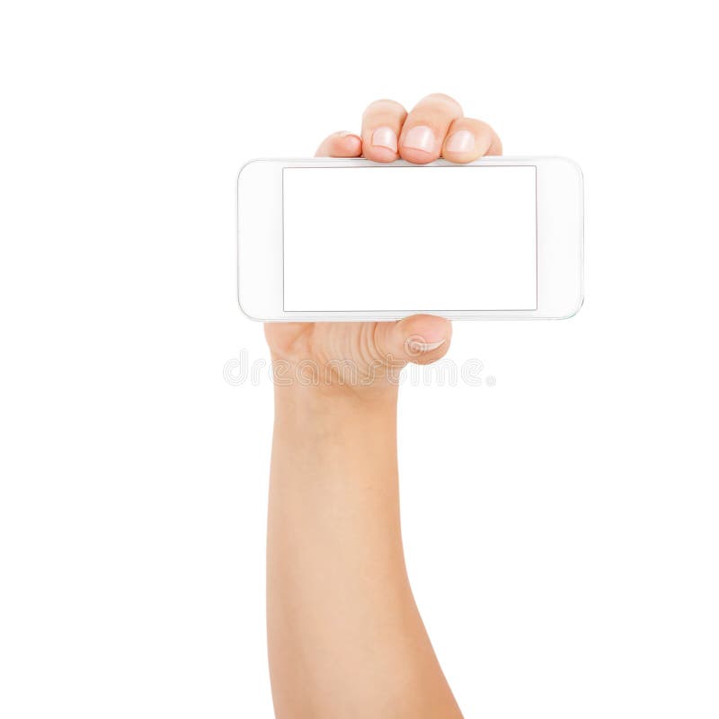 Female Hand Showing Smartphone of White Screen, Front View, Isolated ...