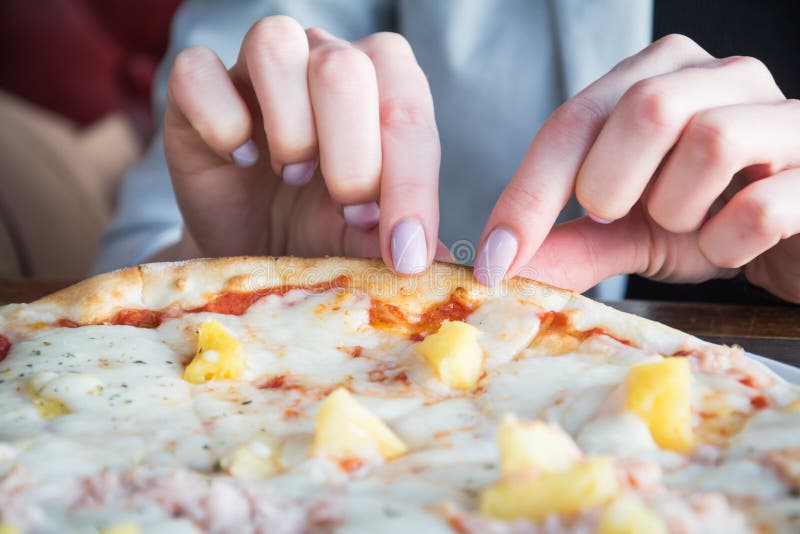 Female Hand Take Slice of Pizza Stock Image - Image of person, piece ...