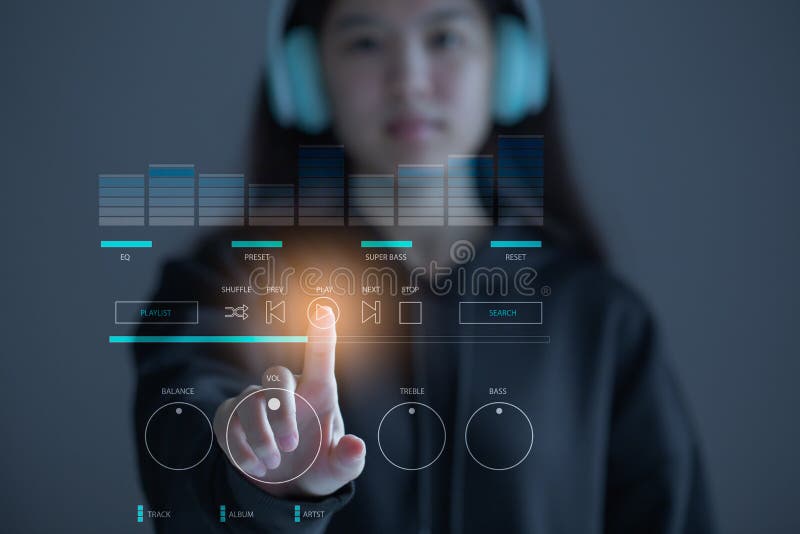 Female Hand Touching the Button Play User Interface Elements for Music ...