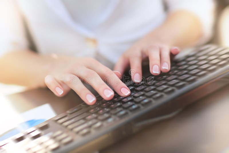 Female Hand Touching Buttons of Computer Keyboard Stock Image - Image ...