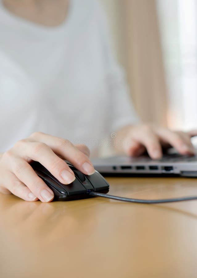 Female Hand Touching Computer Mouse Closeup Stock Photo - Image of ...