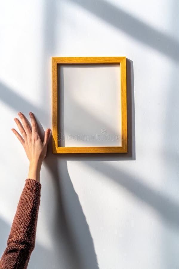 Female Hand Touching Empty Wooden Frame on Sunlit White Wall Stock ...