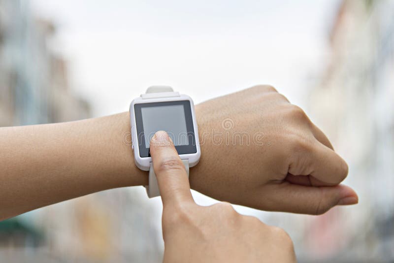 Female Hand Touching Smartwatch Stock Photo - Image of gadget, screen ...