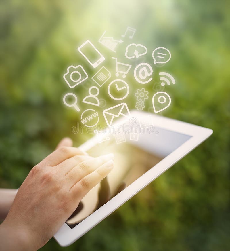 Female Hand Touching Tablet Computer Screen and App Icons Fly Stock ...