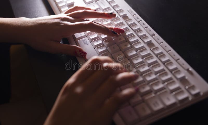 Female Hand Typing on the White Keyboard Stock Photo - Image of hand ...