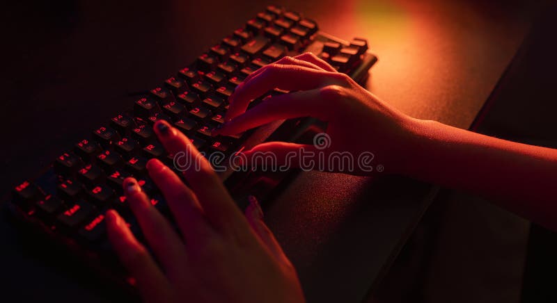 Female Hand Typing on the Black Keyboard Stock Photo - Image of young ...