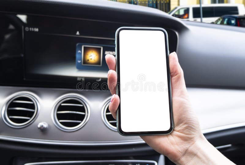 Female Hand Using Smartphone in Car. Smartphone in a Car Use for ...