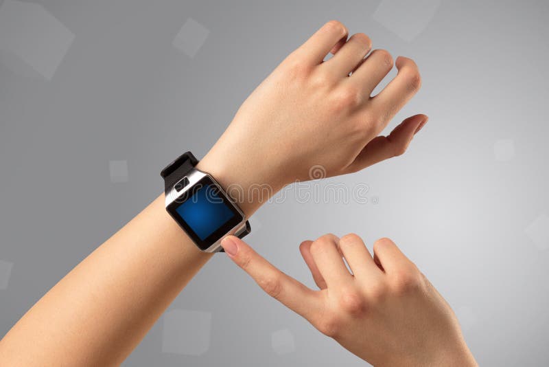Hand Wearing Smartwatch with Multimedia Symbols Stock Image - Image of ...