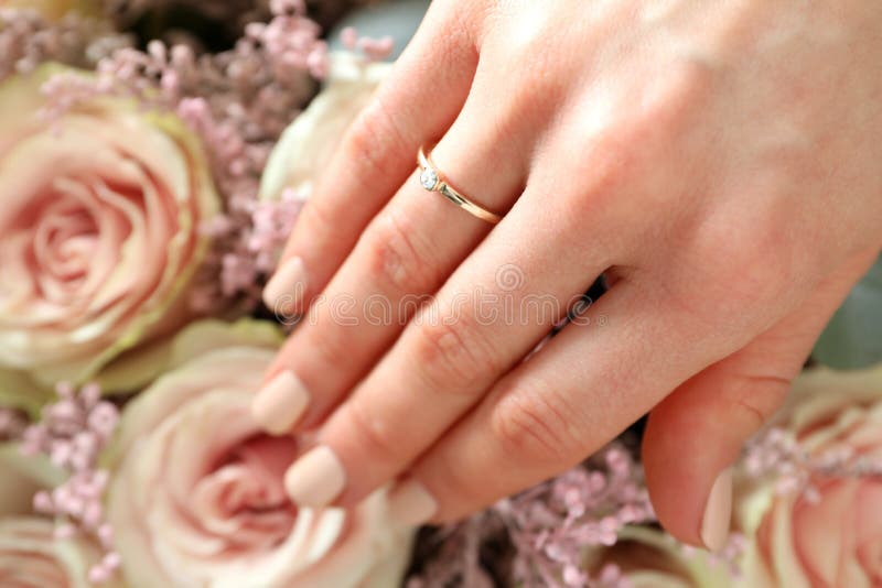 Female Hand with Wedding Ring on Wedding Bouquet Background Stock Image ...