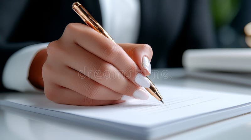 Female Hand Writing with Gold Pen on Paper in Office Setting Stock Image - Image of composition ...