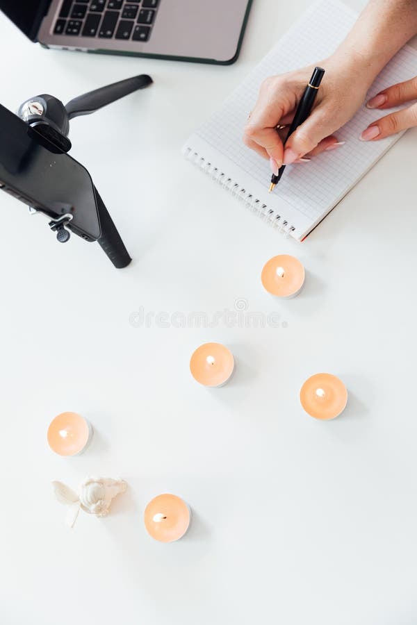Female Hand Writing in Notebook on White Table with Laptop Stock Image ...