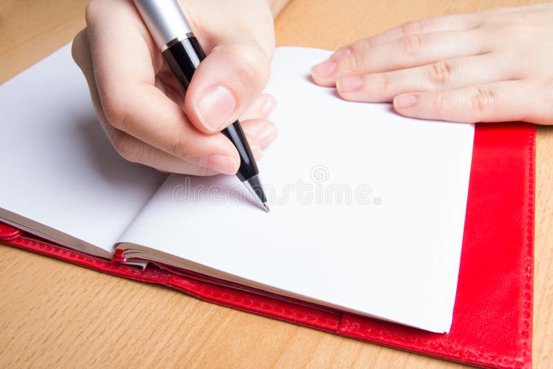 Hand Writing in Red Notebook Stock Photo - Image of document, girl ...