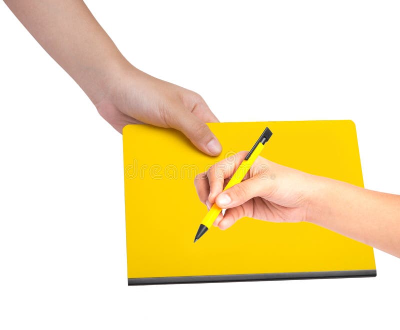 Female Hand Writing on a Yellow Book Stock Photo - Image of important ...