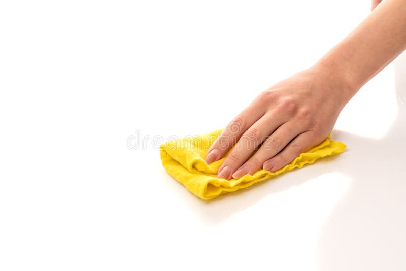Female Hand with Yellow Rag Isolated on White Stock Image - Image of ...