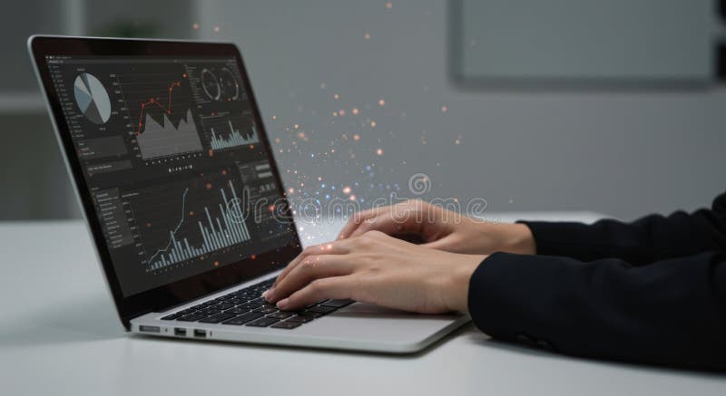 Female Hands Analyzing Data on Laptop with Interactive Charts and Graphs Stock Image - Image of ...
