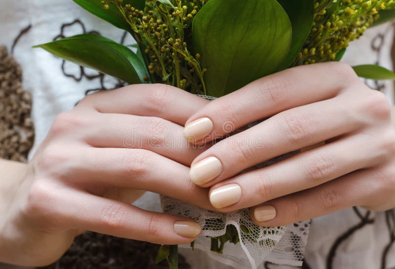 Female Hands with Beige Nail Design. Stock Image - Image of horizontal ...