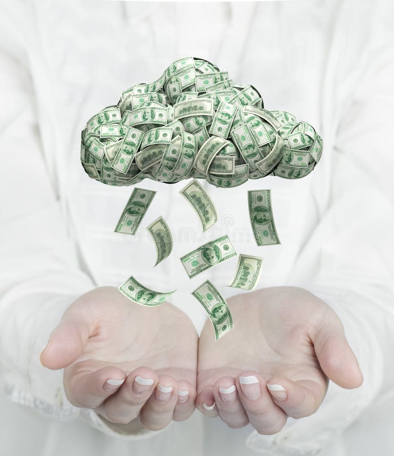 Female Hands Catching Falling Money from Cloud. Stock Image - Image of ...