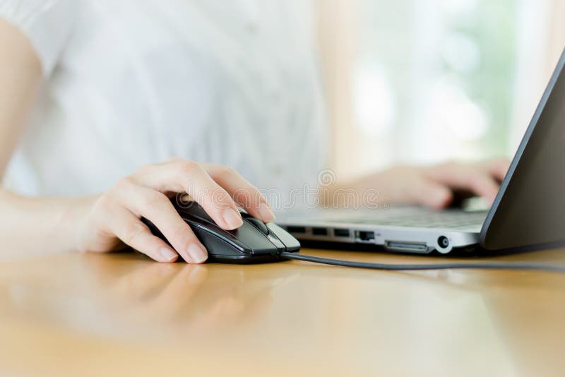 Female Hands Clicking Computer Mouse Stock Image - Image of browse ...