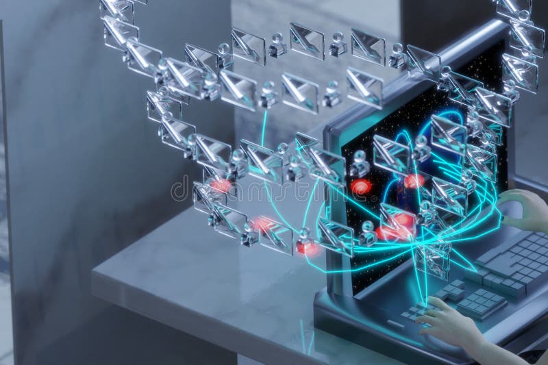 Female Hands Controlling a Virtual Mail Network Typing on Laptop Render ...