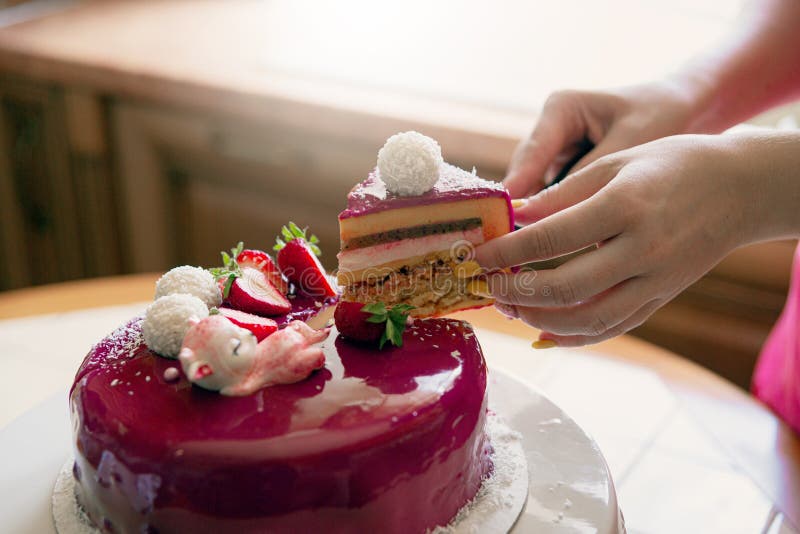 Female Hands Cut an Appetizing Pink Mousse Cake, Side View Stock Image ...