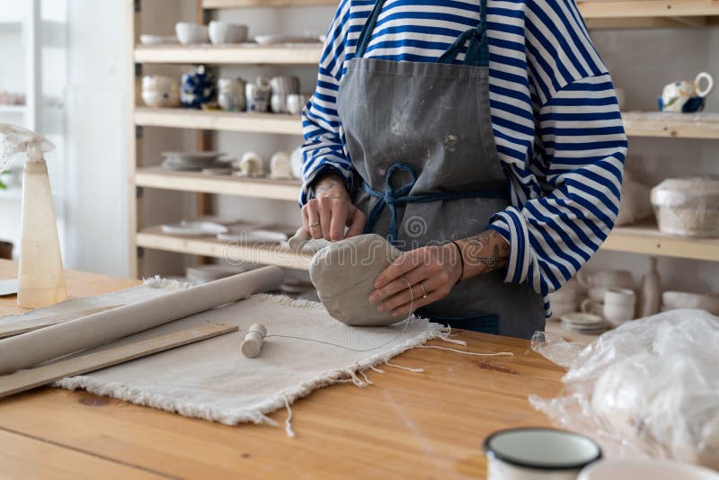 Female Hands Cutting Clay with the String on Master Class in Studio ...