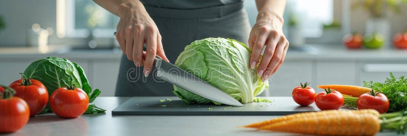 Female Hands Cutting Raw Cabbage with Knife in Modern Kitchen Stock ...