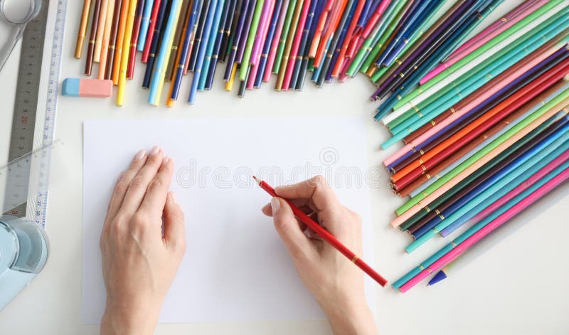 Female Hands Drawing on Paper with Colored Pencils Closeup Stock Photo ...